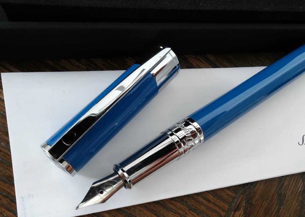 ST Dupont D Initial Shark Blue Chrome Fountain Pen #26175 SALE